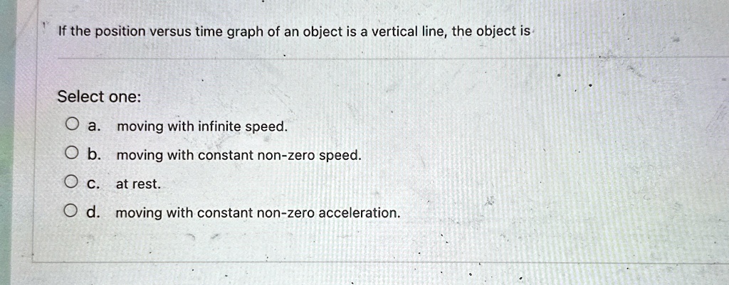 If the position versus time graph of an object is a vertical line, the object is Select one: a ...
