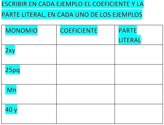 escribir en cada ejemplo el coeficiente y la parte literal en cada uno ...