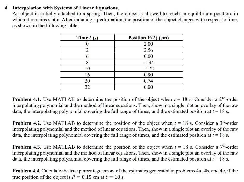 SOLVED: 4. Interpolation with Systems of Linear Equations An object is initially attached to a ...