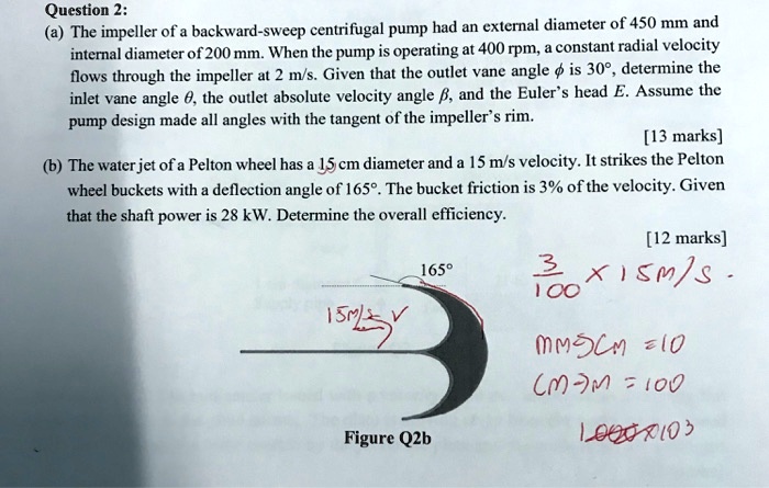 Question 2: (a) The impeller of a backward-sweep centrifugal pump had an external diameter of ...