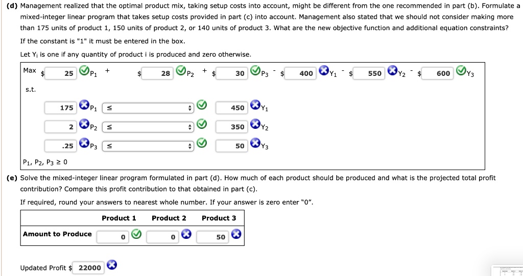 SOLVED: (d) Management realized that the optimal product mix, taking ...