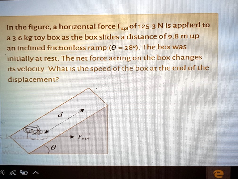 SOLVED: In the figure, a horizontal force Fapl of125.3 N is applied to a3.6kg toy box as the box ...