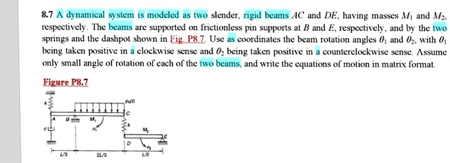 8.7 A dynamical system is modeled as two slender, rigid beams AC and DE ...