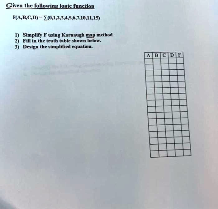 SOLVED: Given the following logic function: F(A,B,C,D) = 0,1,2,3,4,5,6 ... SOLVED: Given the following logic function: F(A,B,C,D) = 0,1,2,3,4,5,6 ...