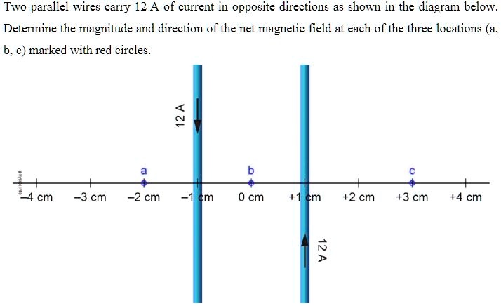 Two parallel wires carry 12 A of current in opposite directions as ...