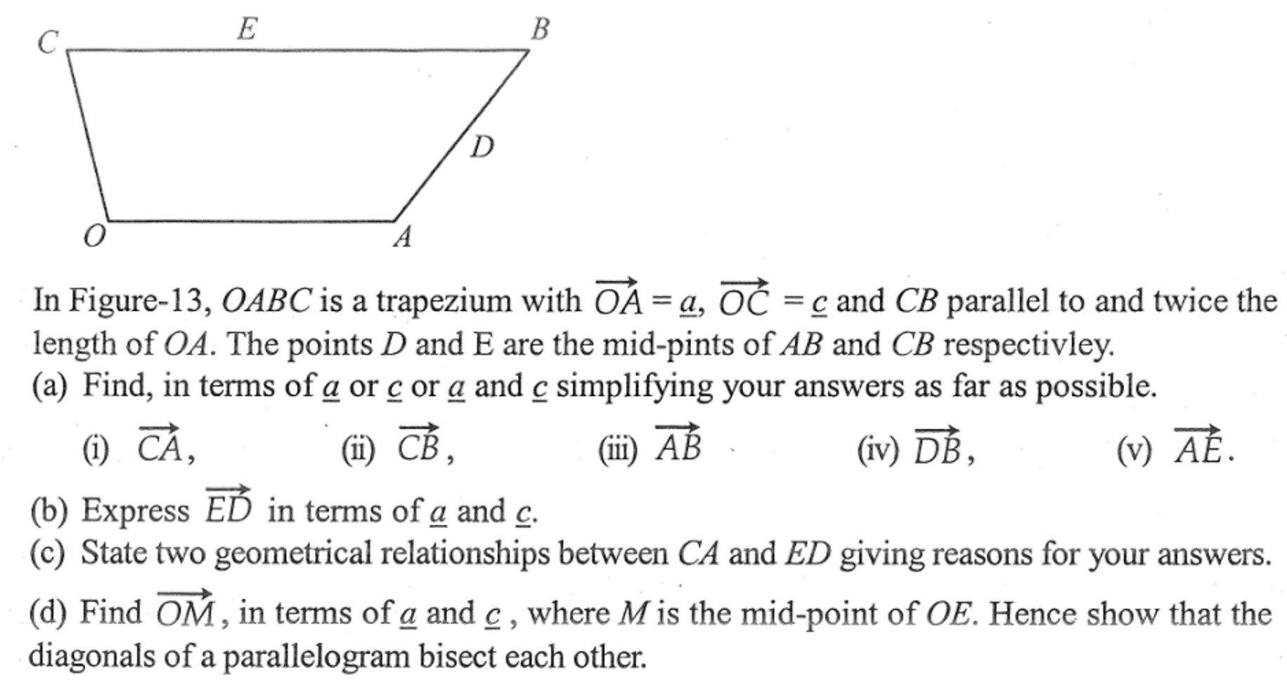 In Figure-13, O A B C is a trapezium with O A=a, O C=c and C B parallel ...