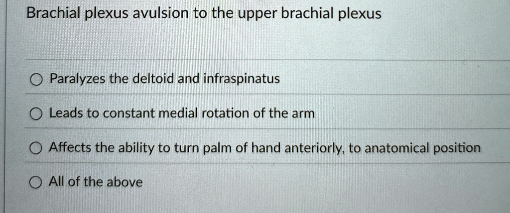 Brachial plexus avulsion to the upper brachial plexus Paralyzes the ...