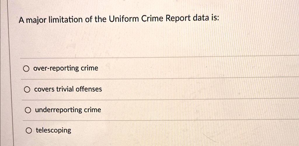 SOLVED: A major limitation of the Uniform Crime Report data is: - over ...