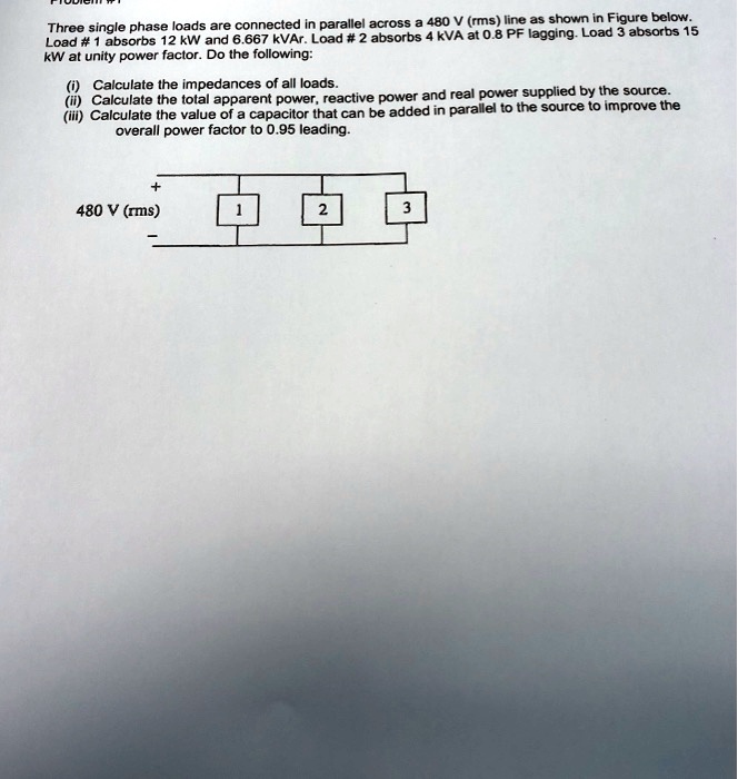 SOLVED: Three single-phase loads are connected in parallel across a 480 V (rms) line, as shown ...