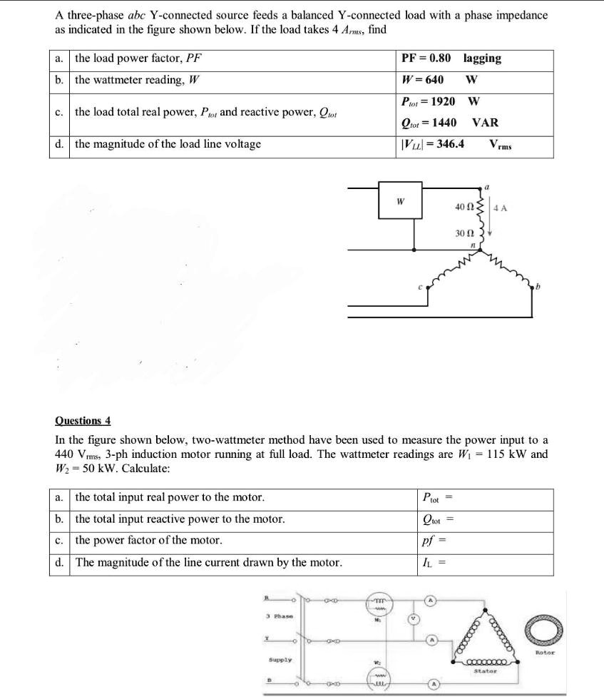 A three-phase abc Y-connected source feeds a balanced Y-connected load ...