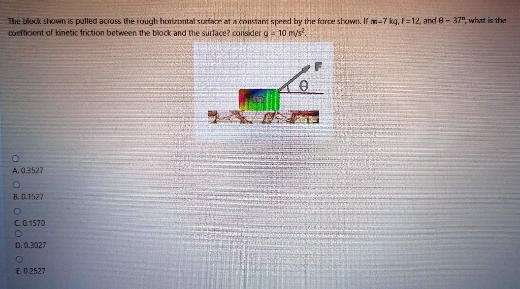 SOLVED: The block shown is pulled across the rough horizontal surface at a constant speed by the ...