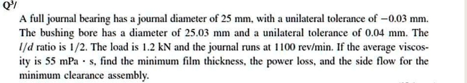 SOLVED: Q3/ A full journal bearing has a journal diameter of 25 mm ...