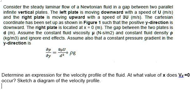 SOLVED: Consider the steady laminar flow of a Newtonian fluid in a gap between two parallel ...