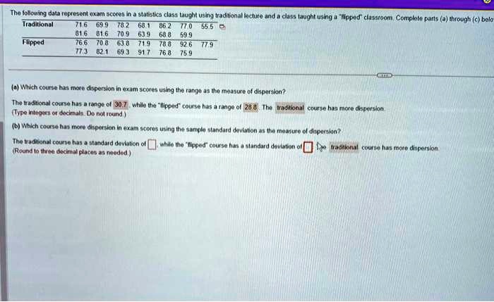 Texts: The following data represent exam scores in a statistics class taught using traditional ...