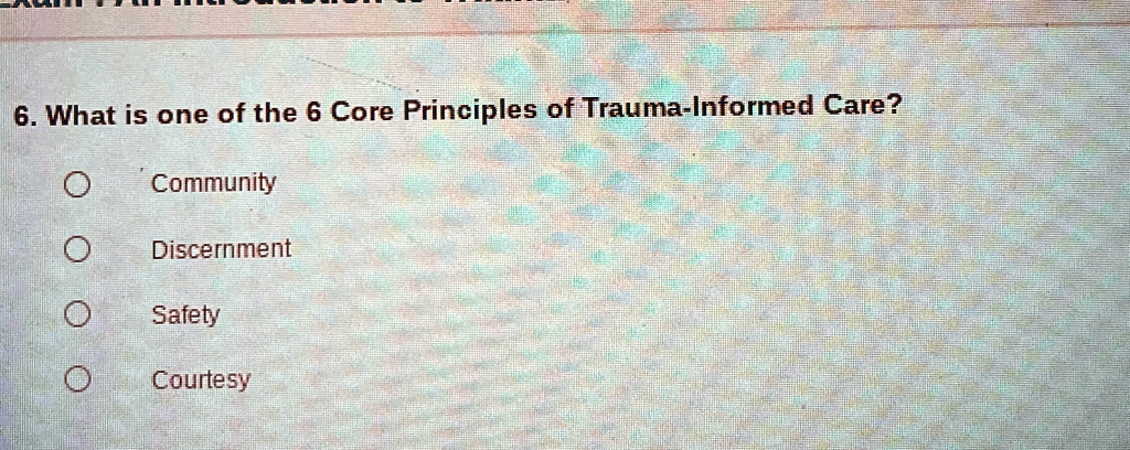 6. What is one of the 6 Core Principles of Trauma-Informed Care? Community Discernment Safety ...