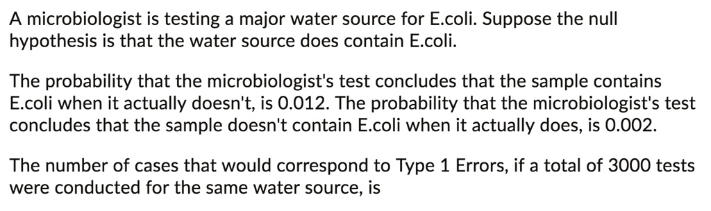 SOLVED: A microbiologist is testing a major water source for E.coli ...