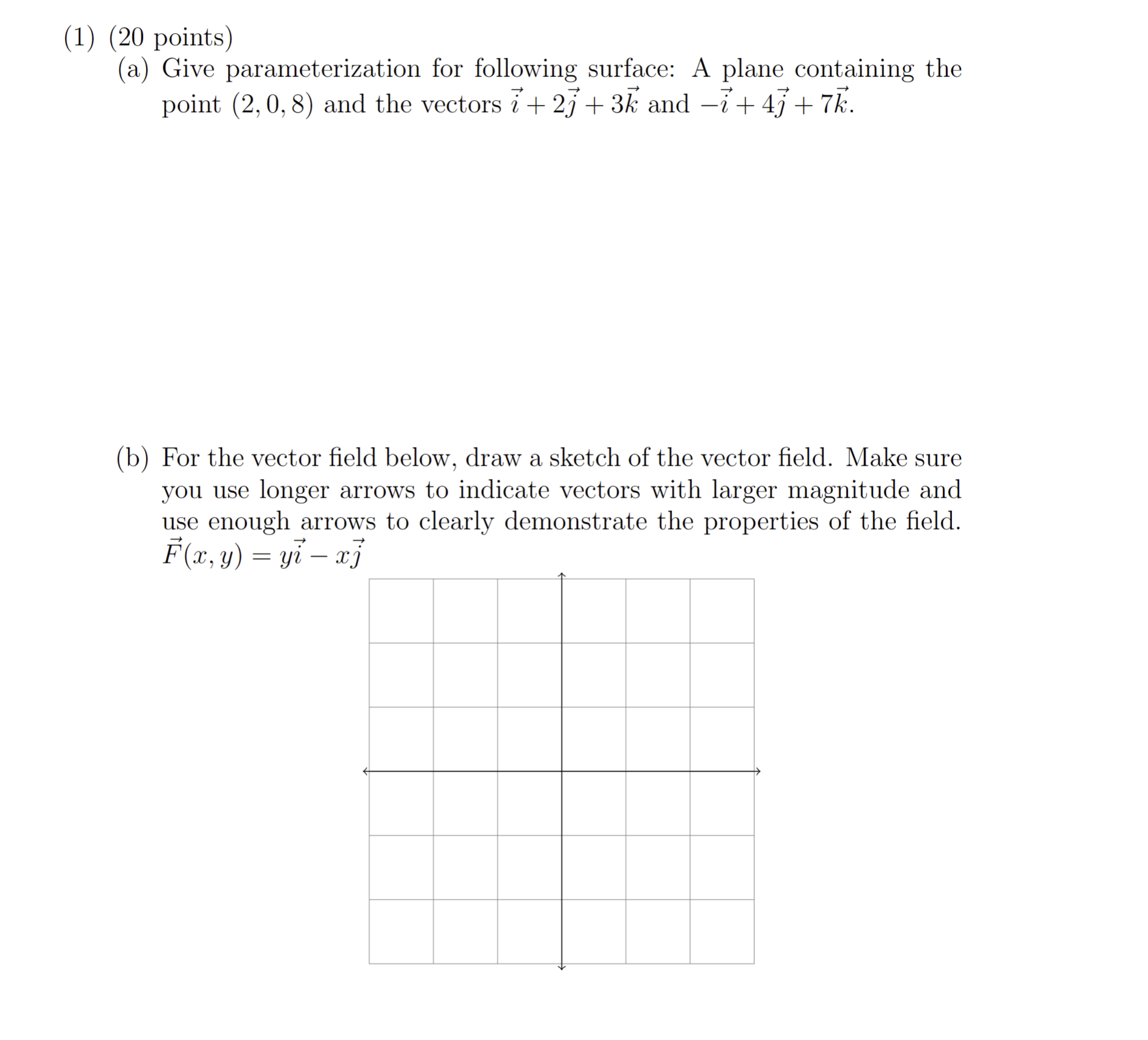 SOLVED: (1) (20 points) (a) Give parameterization for following surface: A plane containing the ...