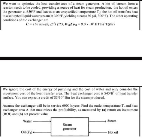 SOLVED: We want to optimize the heat transfer area of a steam generator ...