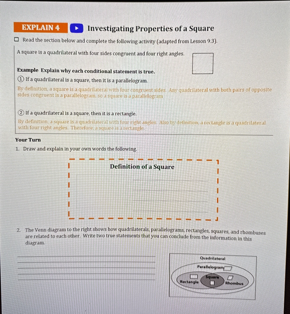 explain 4 investigating properties of a square read the section below ...