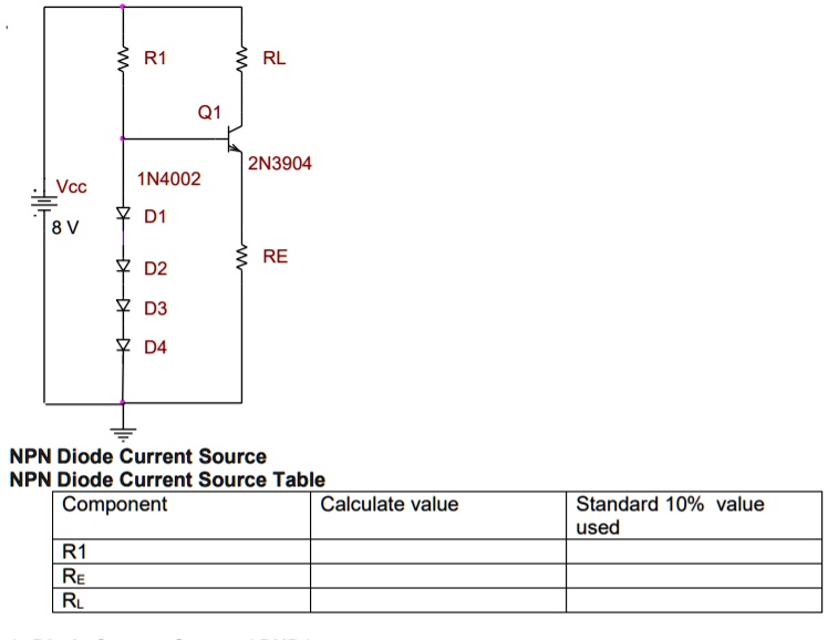 R1 RL Q1 2N3904 1N4002 Vcc D1 8 V RE D2 D3 D4 NPN Diode Current Source NPN Diode Current Source ...