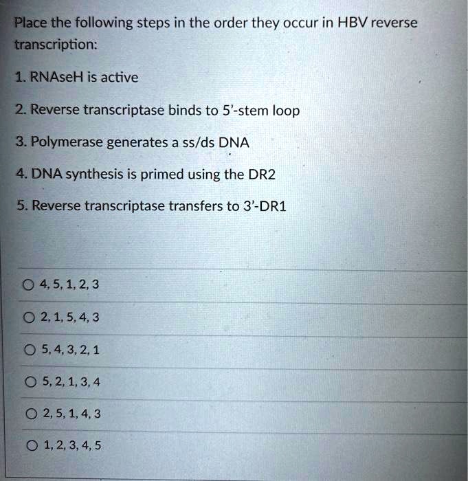 SOLVED:Place the following steps in the order they occur in HBV reverse ...