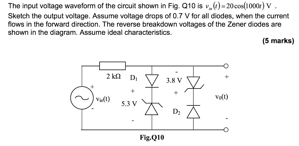 SOLVED: The input voltage waveform of the circuit shown in Fig. Q10 is vi(t) = 20cos(1000t) V ...