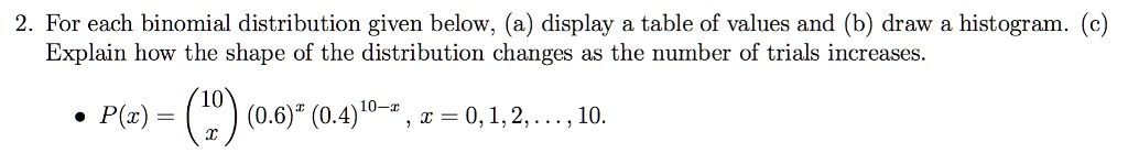 SOLVED: 2. For each binomial distribution given below, (a) display a ...