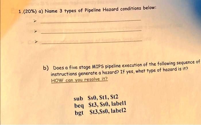 SOLVED: Course: Digital Computer System 1. (20%) a) Name 3 types of Pipeline Hazard conditions ...