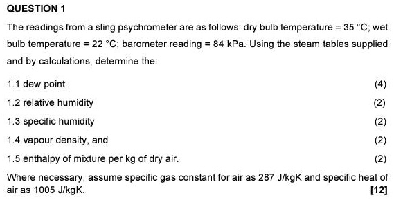 SOLVED: QUESTION1 The readings from a sling psychrometer are as follows:dry bulb temperature=35C ...