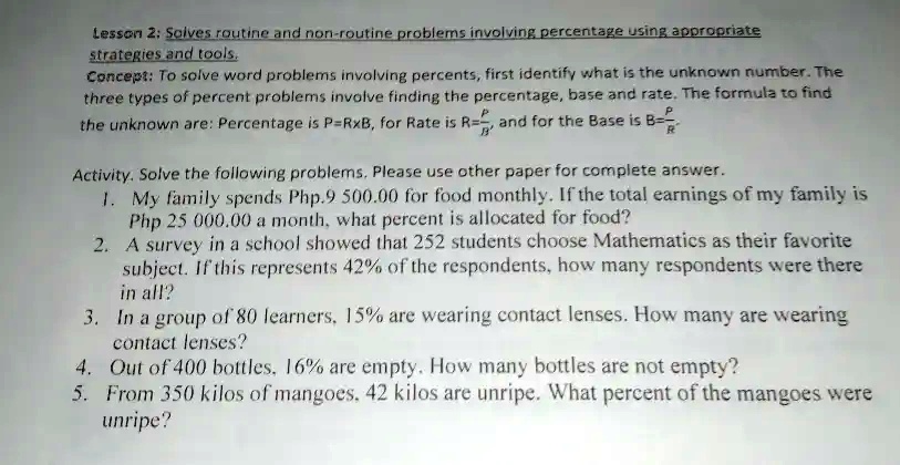 SOLVED: Lesson 2: Solve routine and non-routine problems involving percentages using appropriate ...