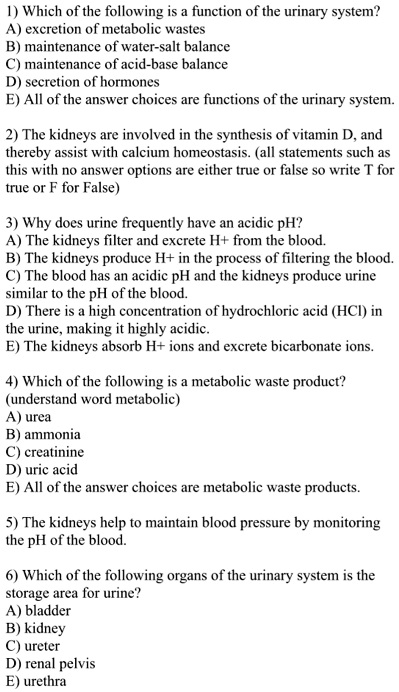 SOLVED: 1 Which of the following is a function of the urinary system A ...