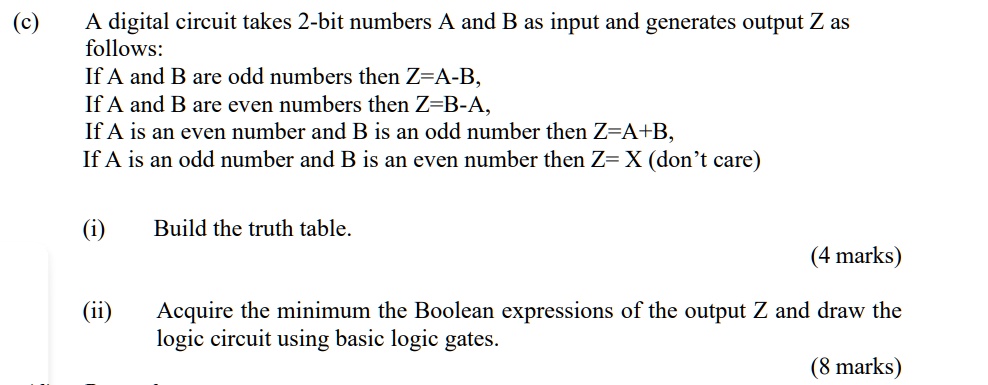 Solved C A Digital Circuit Takes 2 Bit Numbers A And B As Input And Generates Output Z As