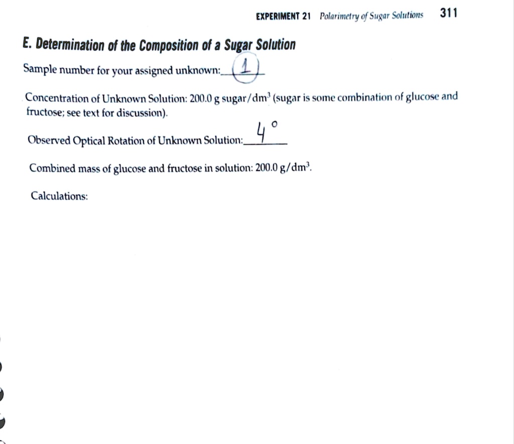 SOLVED: Experiment 21: Polarimetry of Sugar Solutions 311 Determination ...