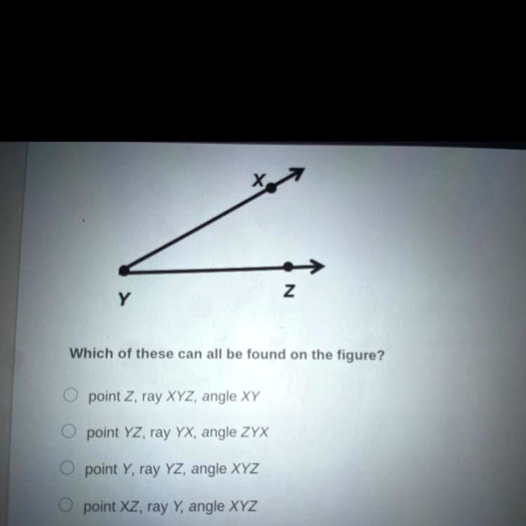 Which of these can all be found on the figure? point Z, ray XYZ, angle XY point YZ, ray YX ...