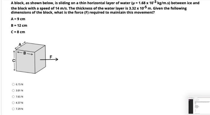 SOLVED: A block, as shown below, is sliding on a thin horizontal layer of water = 1.68 x 10 kg/m ...