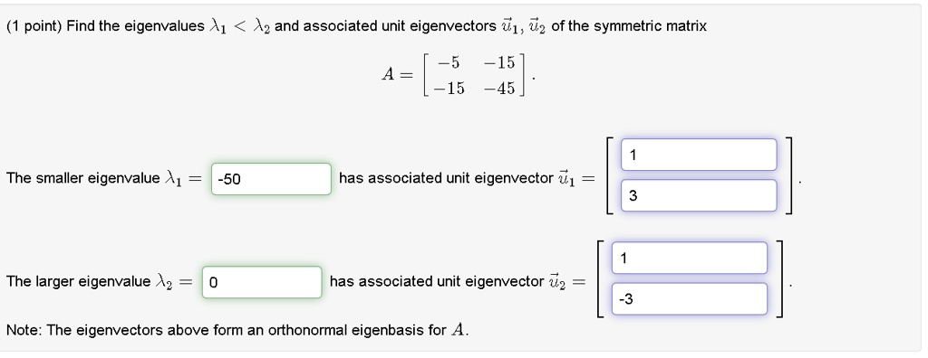 SOLVED: point) Find the eigenvalues A1 A2 and associated unit eigenvectors U1; Uz of the ...