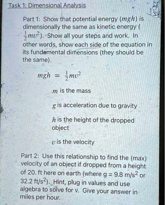 SOLVED: Task 1: Dimensional Analysis Part 1: Show that potential energy ...