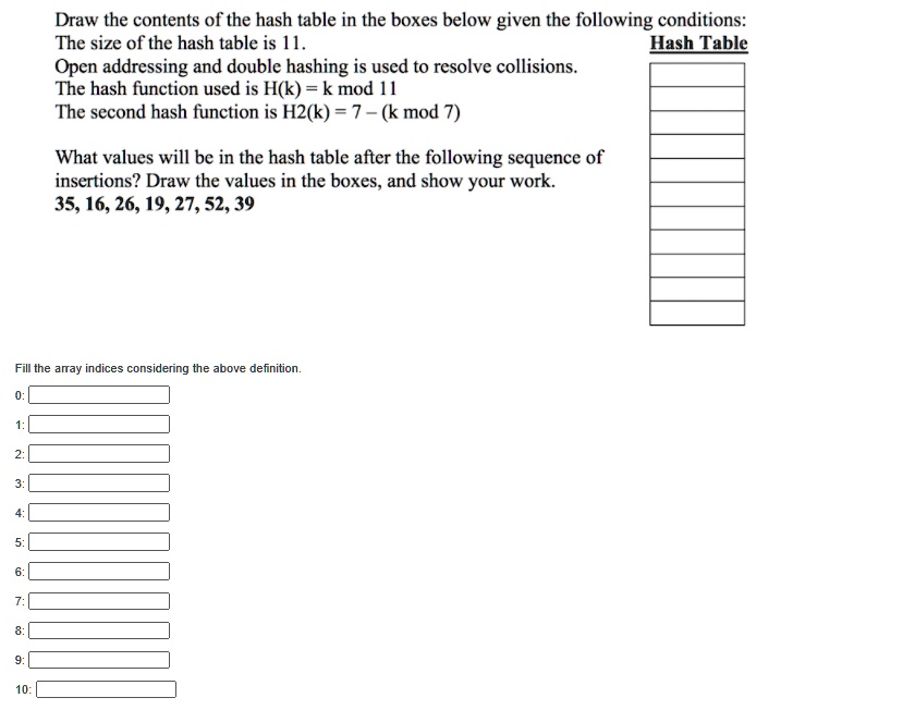 SOLVED: Draw the contents of the hash table in the boxes below given ... SOLVED: Draw the contents of the hash table in the boxes below given ...