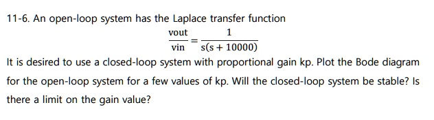 SOLVED: 11-6. An open-loop system has the Laplace transfer function vout 1 vin= s(s +10000) It ...