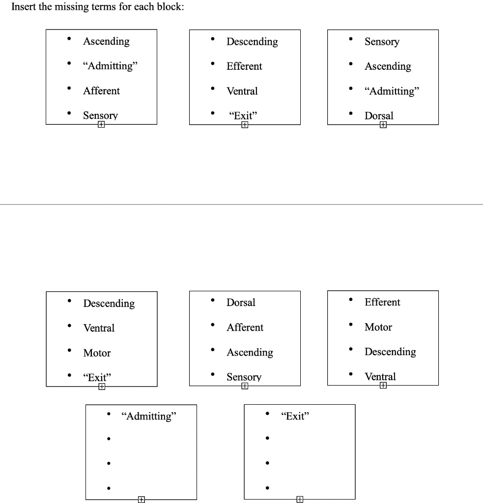 Insert the missing terms for each block: • Ascending • "Admitting ...