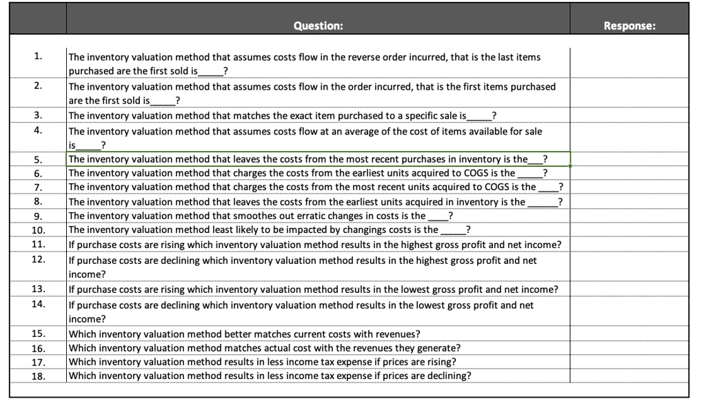 lifo fifo specific identification or weighted average question response ...