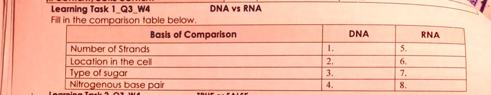 SOLVED: Fill in the comparison table below: Learning Task Q3Wa DNA vs RNA Fill in the comparison ...