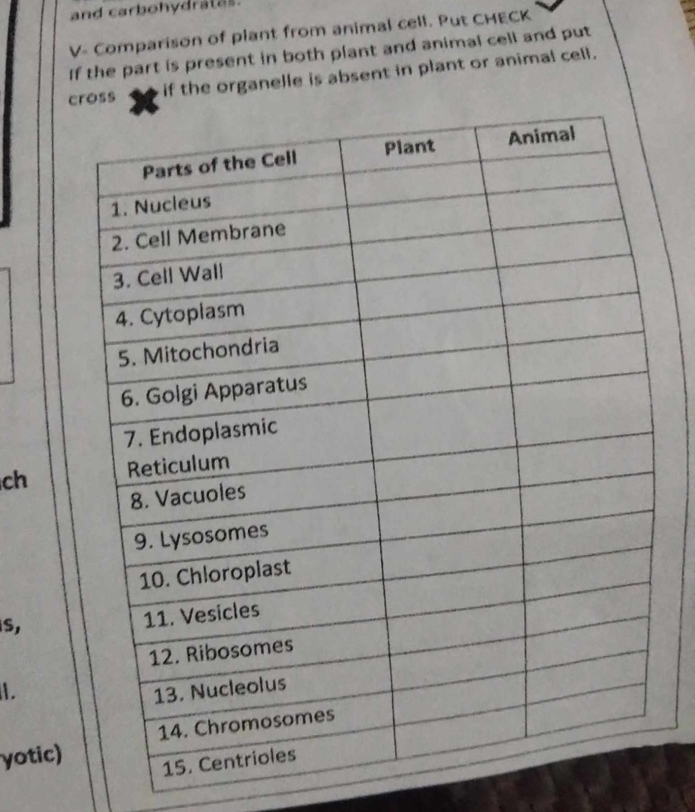 - Comparison of plant from animal cell. Put CHECK If the part is ...