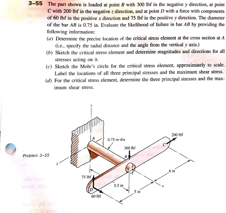 SOLVED: 3-55 The part shown is loaded at point B with 300 Ibf in the ...