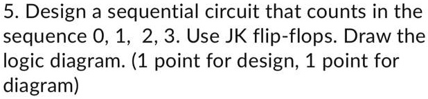SOLVED: 5. Design a sequential circuit that counts in the sequence 0, 1, 2, 3. Use JK flip-flops ...