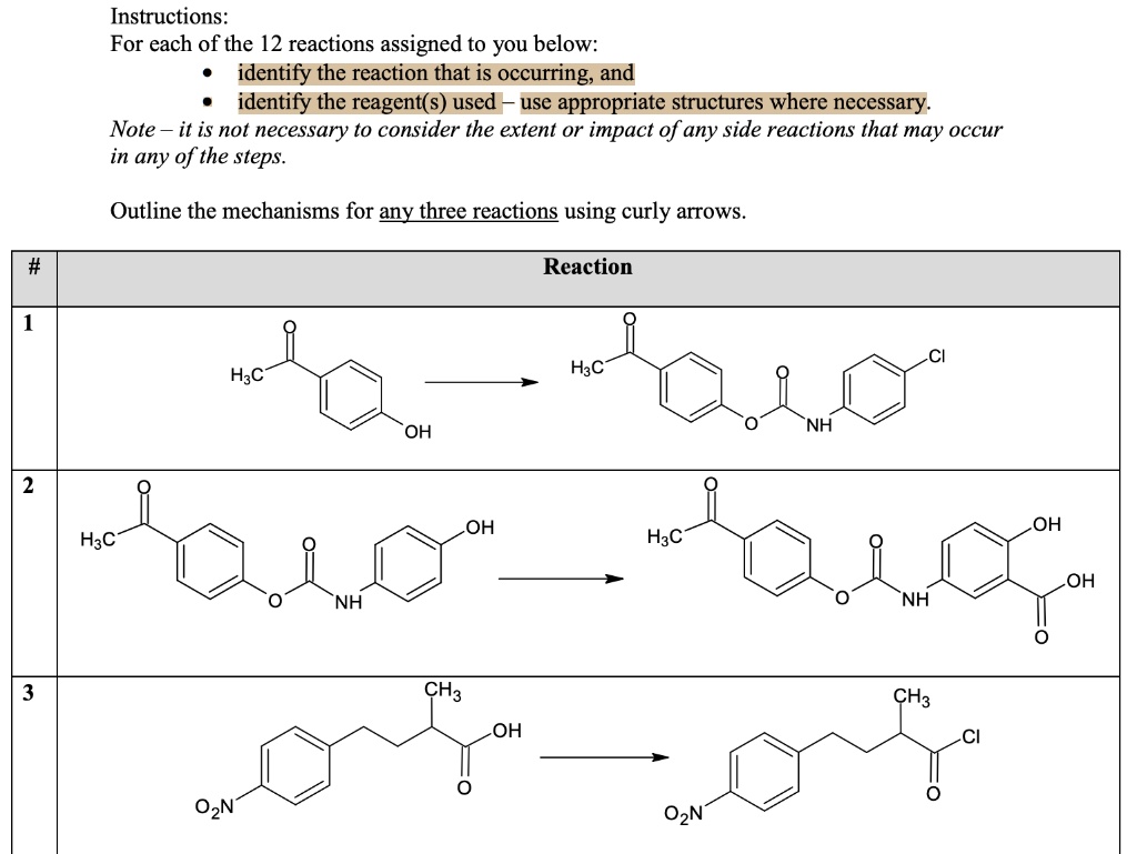 instructions for each of the 12 reactions assigned to you below ...