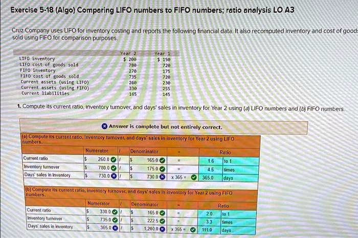 SOLVED: Exercise 5-18 (Algo) Comparing LIFO numbers to FIFO numbers; ratio analysis LO A3 Cruz ...