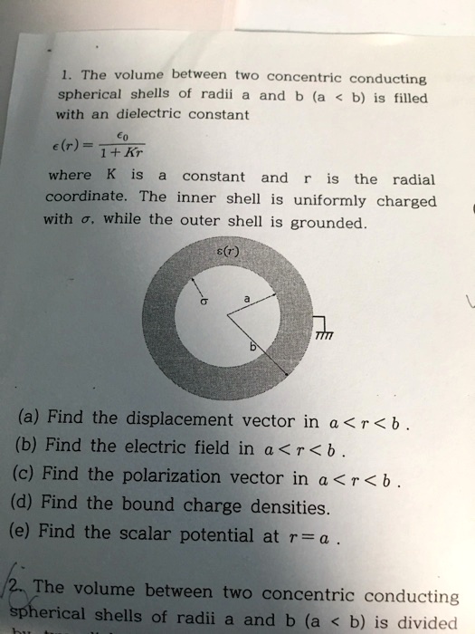 SOLVED: 1. The volume between two concentric conducting spherical shells of radii a and b (a