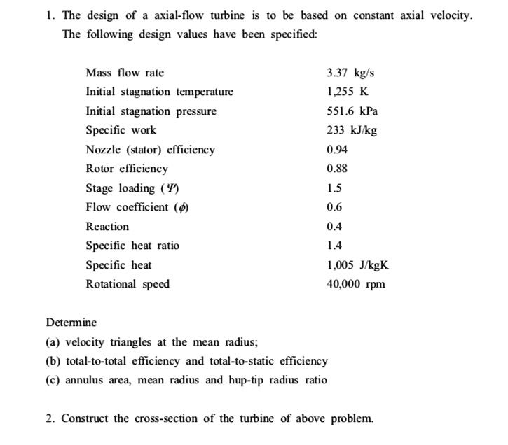 SOLVED: The design of an axial-flow turbine is to be based on constant axial velocity. The ...