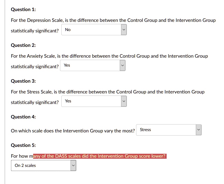 SOLVED:Question 1: For the Depression Scale; the difference between the ...